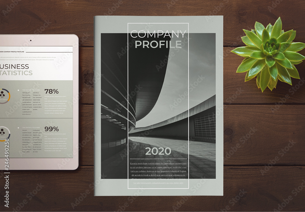 Company Profile Layout with Grey and Green Accents Stock Template ...
