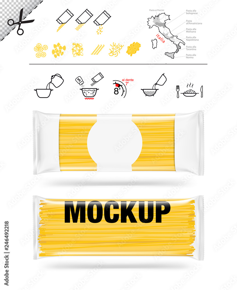 Spaghetti bag with cooking signs set isolated on white background ...
