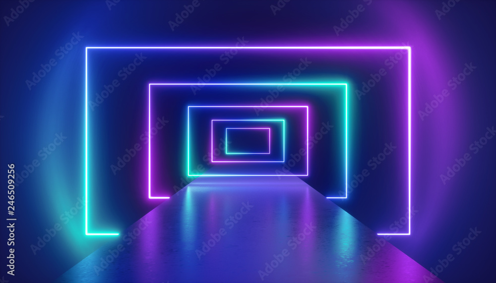 3d render, virtual reality environment, neon light, rectangular portal ...