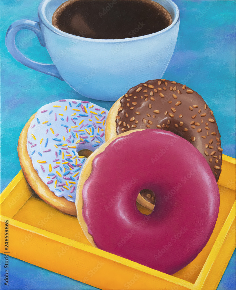 Donuts and coffee cup breakfast, still life original oil painting on ...