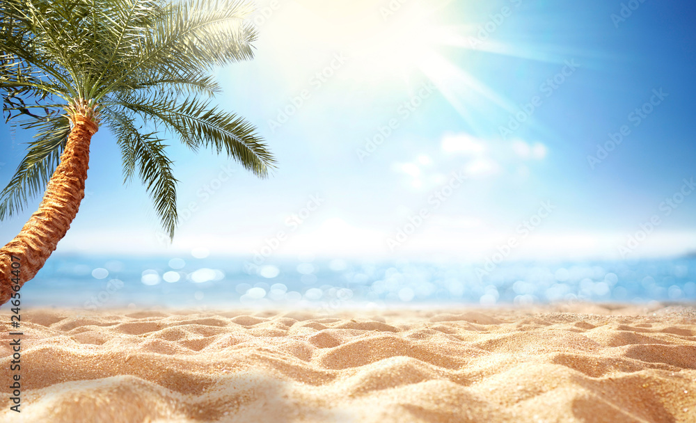 Summer background, nature of tropical beach with rays of sun light ...