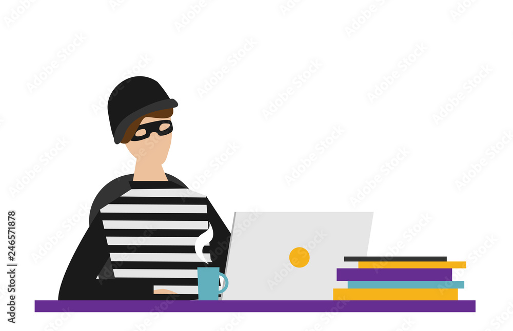 Cartoon Hacker with Laptop. Vector Illustration Stock Vector | Adobe Stock