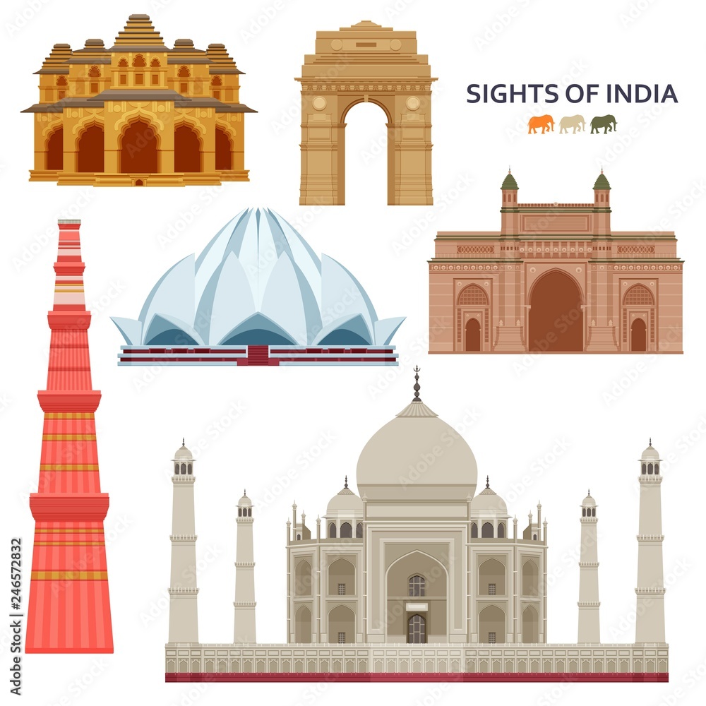 Indian most famous sights set. Architectural buildings. Famous tourist ...