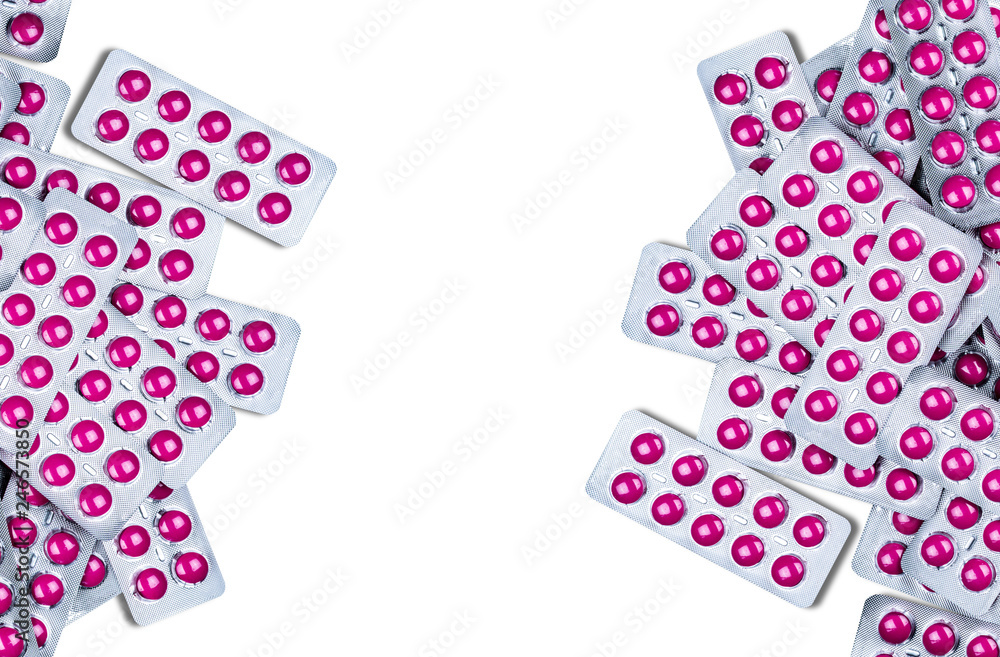 Ibuprofen in pink tablet pills in blister pack isolated on white ...