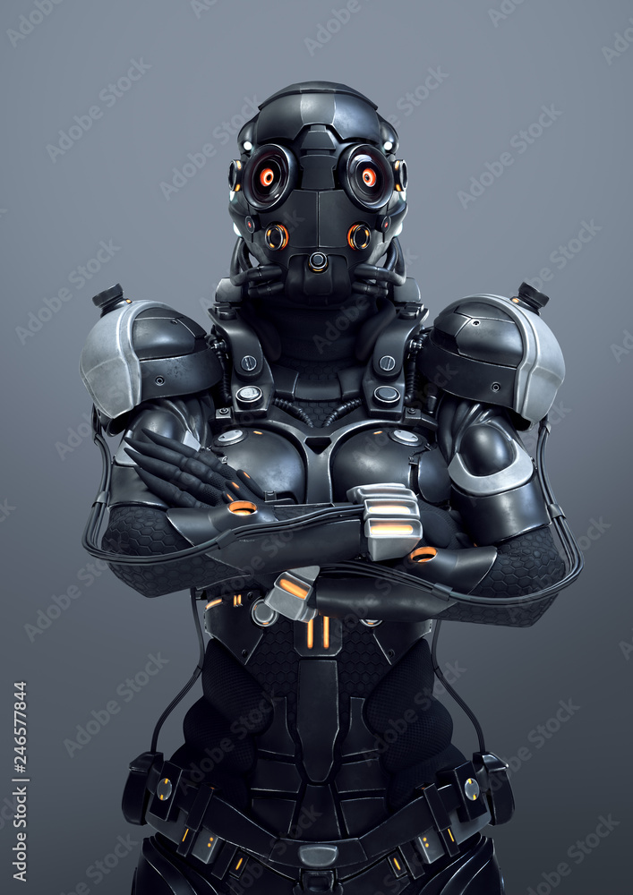 Science fiction cyborg female standing with arms crossed on her chest ...
