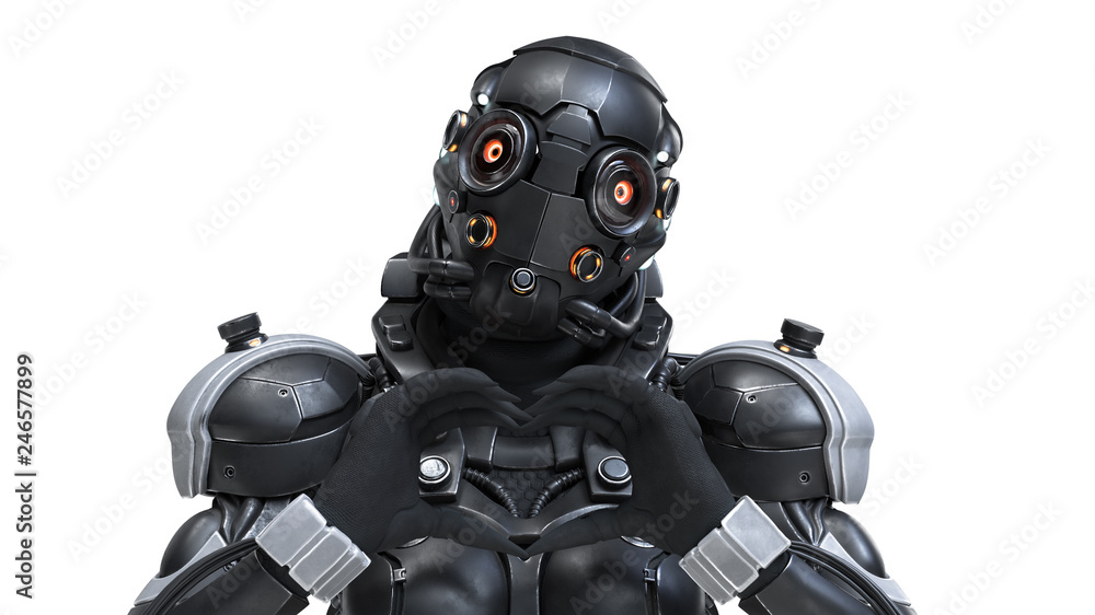 Science fiction cyborg female making a heart gesture with her fingers ...