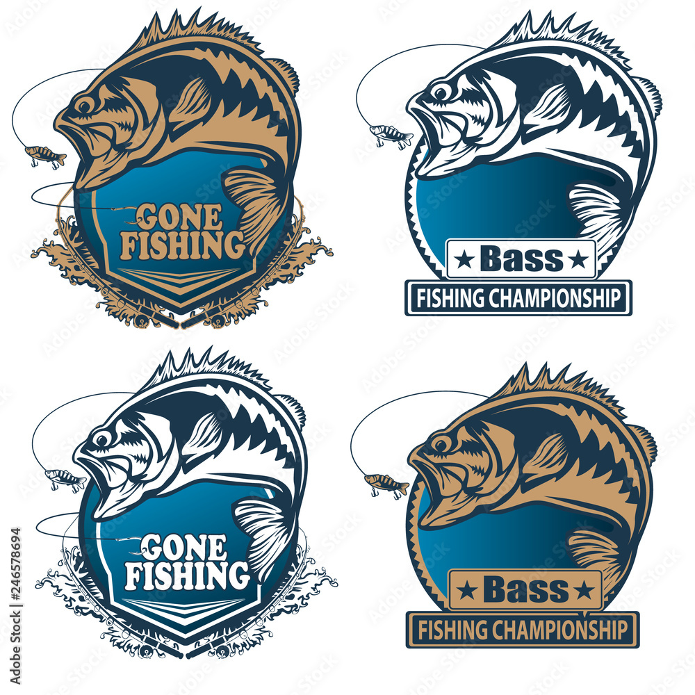 Fishing bass logo. Bass fish with rod club emblem. Fishing theme ...