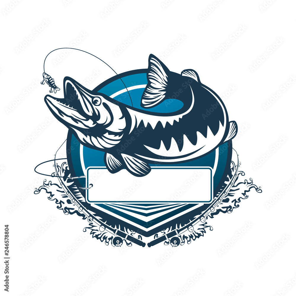 Pike fishing emblem. Pike fish logo vector. Outdoor fishing background ...