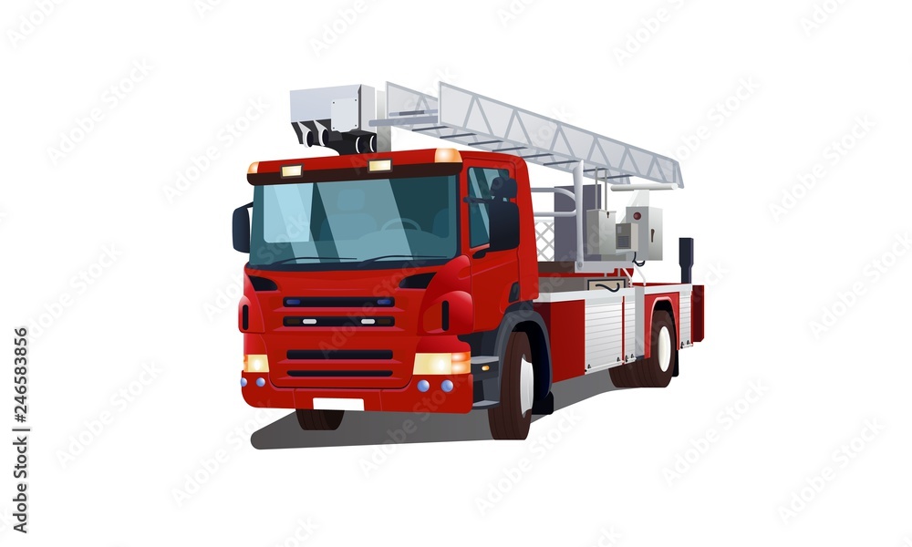 Poster Semi-sided red fire engine vector illustration isolated on white ...