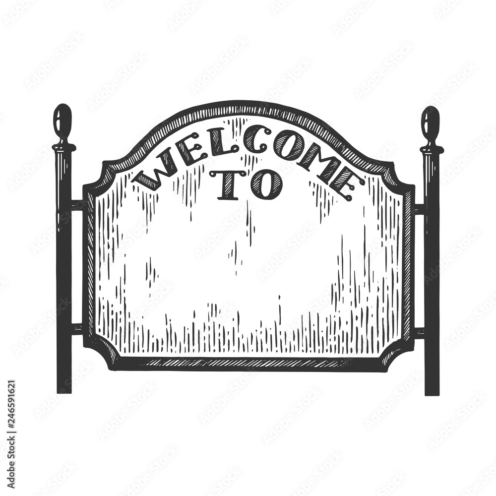 City welcome road sign vector illustration. Scratch board style ...
