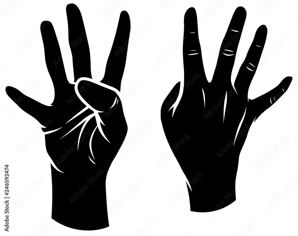 Cartoon graphic black silhouette human hands. Showing four fingers ...