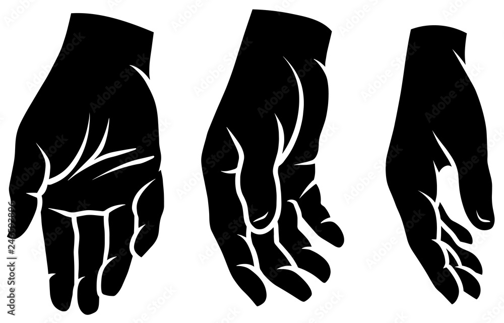 Cartoon graphic black silhouette human hands. Showing lowered palm ...
