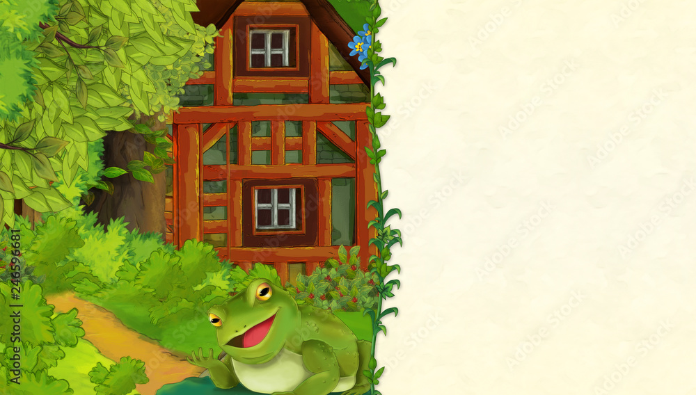 cartoon scene with older wooden house in the forest and frog - with ...