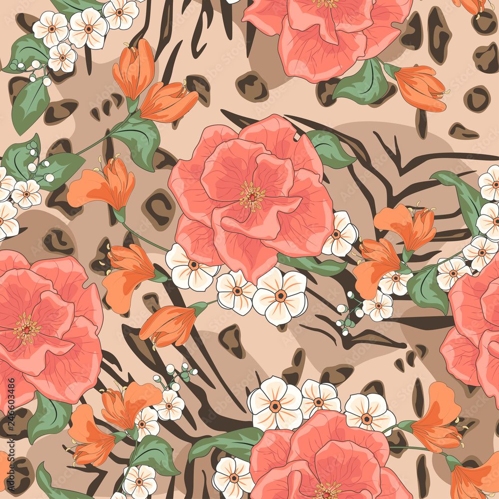 Seamless print of animal skin leopard and tropical plants. Seamless ...