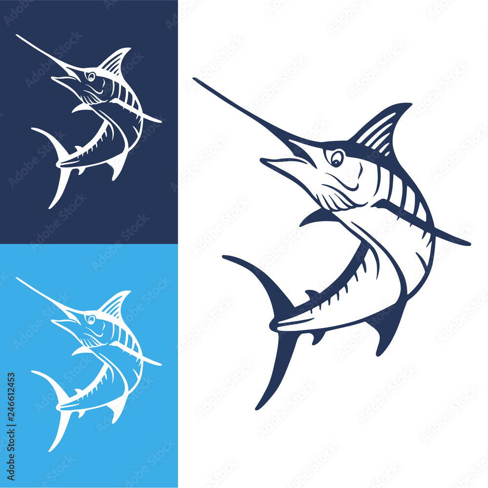 Hand Drawn Marlin fish jump. Design elements for logo, label, emblem ...