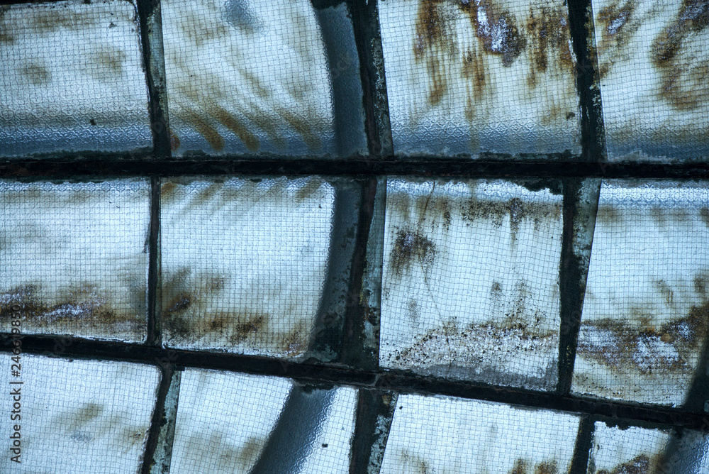 Damaged, old, scary, dirty and mossy ceiling of an abandoned factory ...