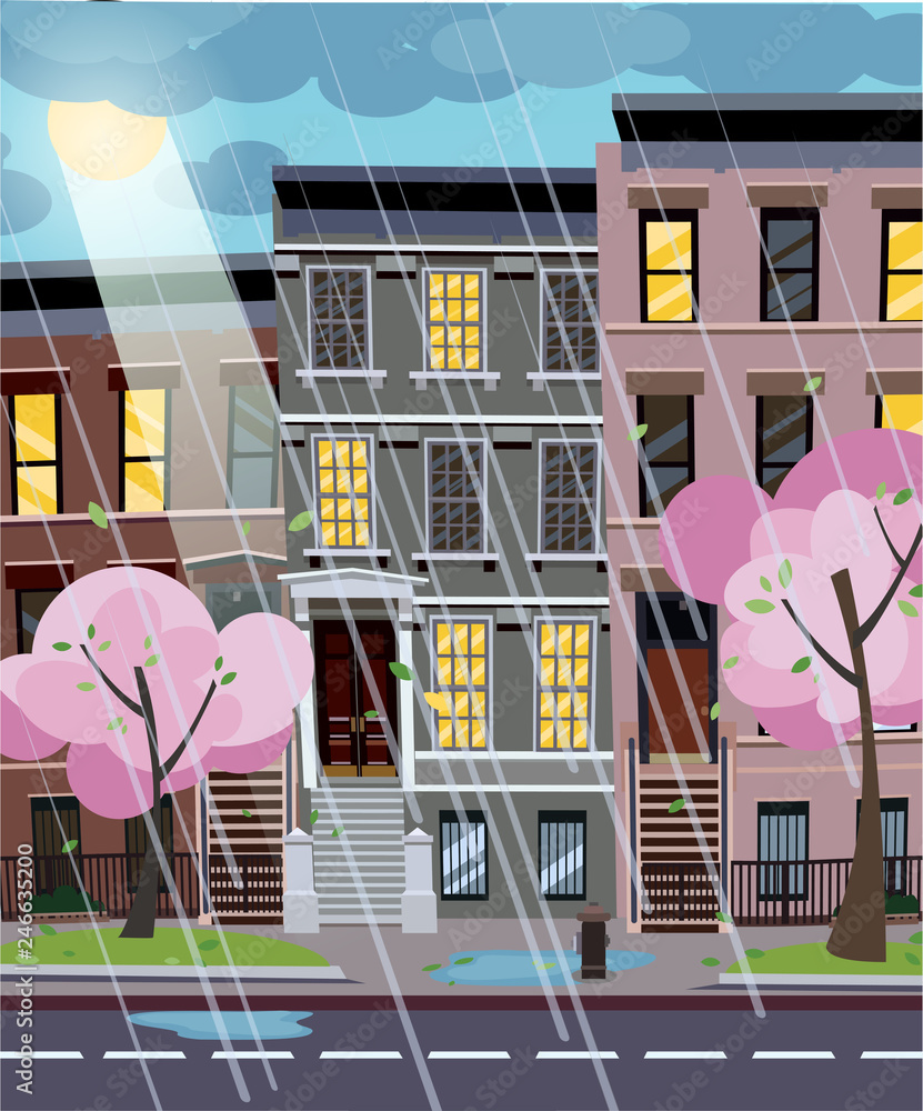 Flat cartoon vector illustration of spring rainy city street at evening ...