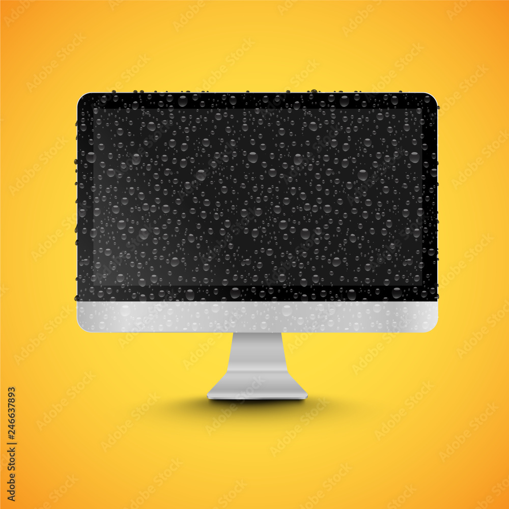 Realistic isolated PC with shiny black screen, with waterdrops, vector ...