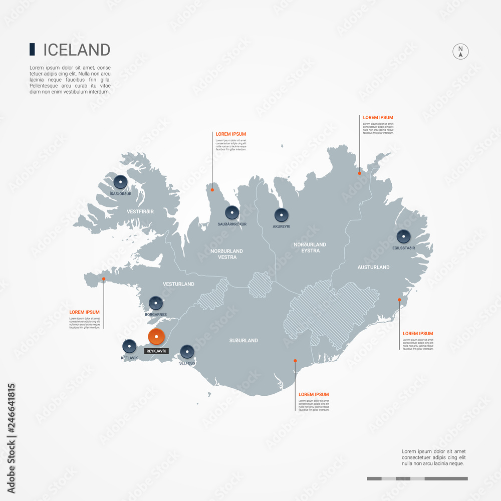 Iceland map with borders, cities, capital and administrative divisions ...