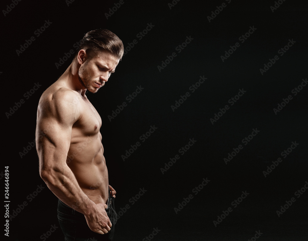 Muscular Model Young Man On Dark Background Fashion Portrait Of Strong