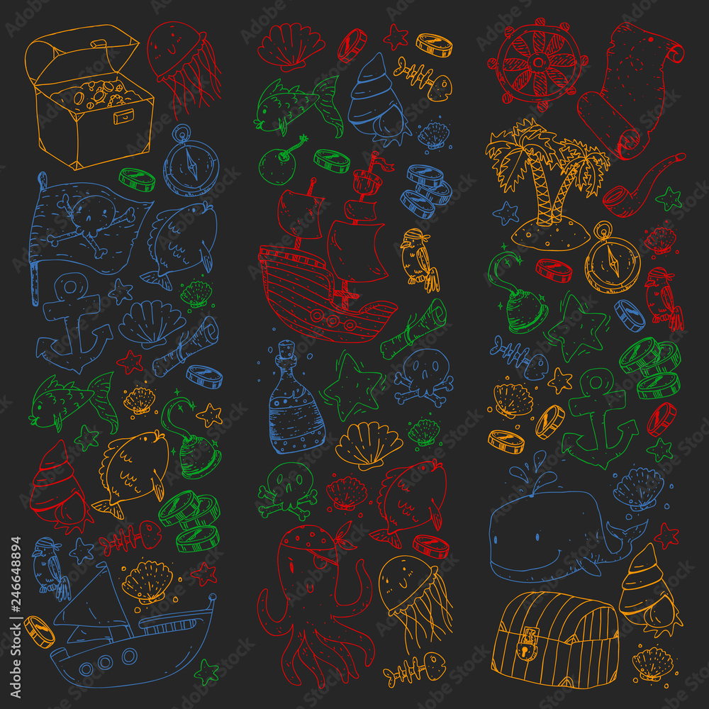 Ocean and sea for children. Pattern for boys. Pirate party. Cute fishes ...