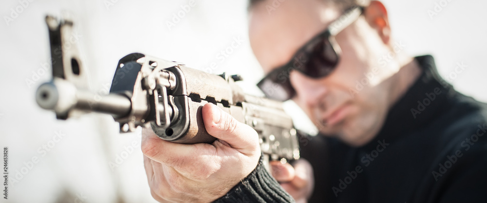 Poster Front view gun point riffle machine gun. Shooting and weapons ...