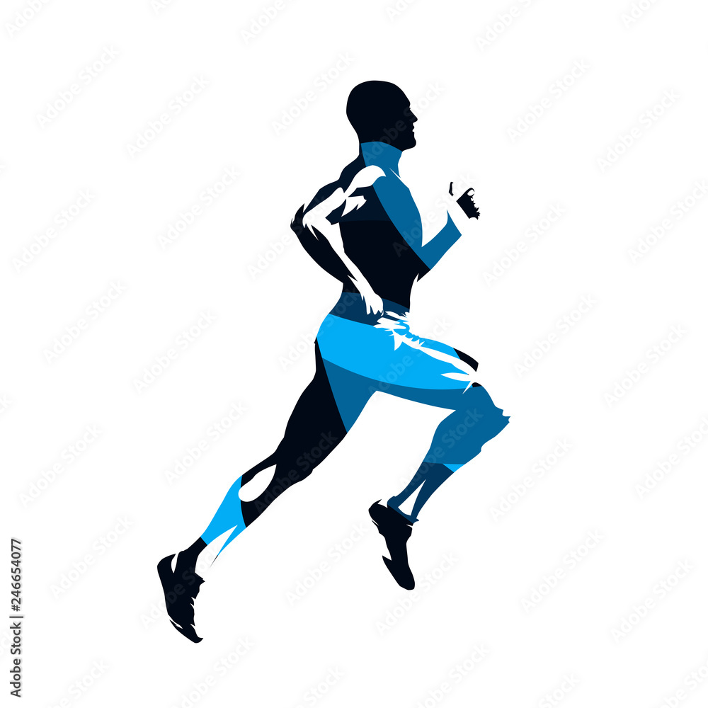 Running man, abstract blue isolated vector silhouette, side view. Run ...