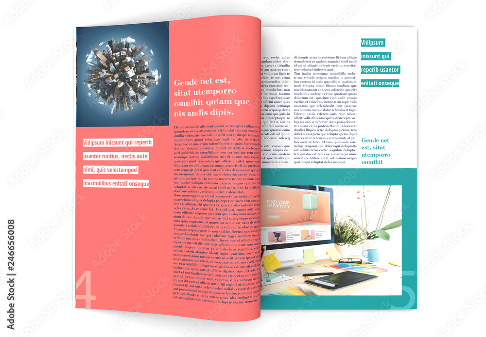 Magazine Layout with Coral and Green Accents Stock Template | Adobe Stock