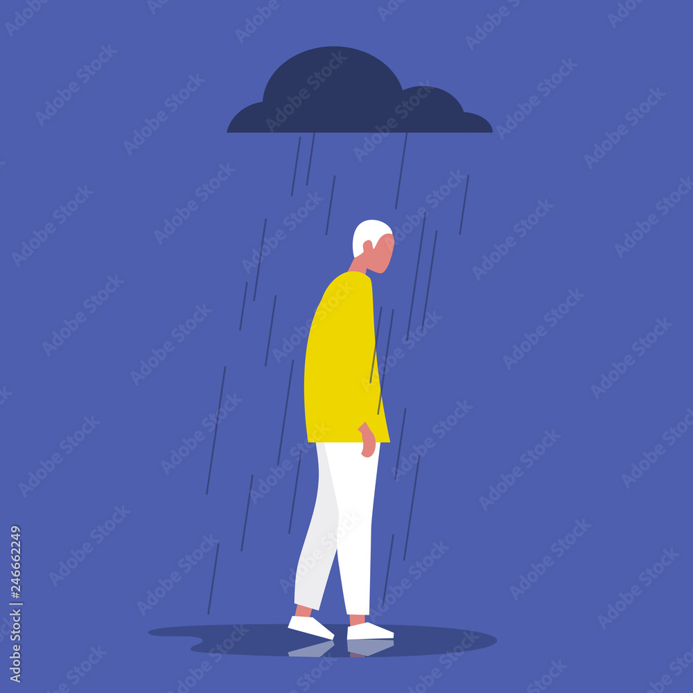 Sad male character standing under the rain. Overcast weather. Emotions ...
