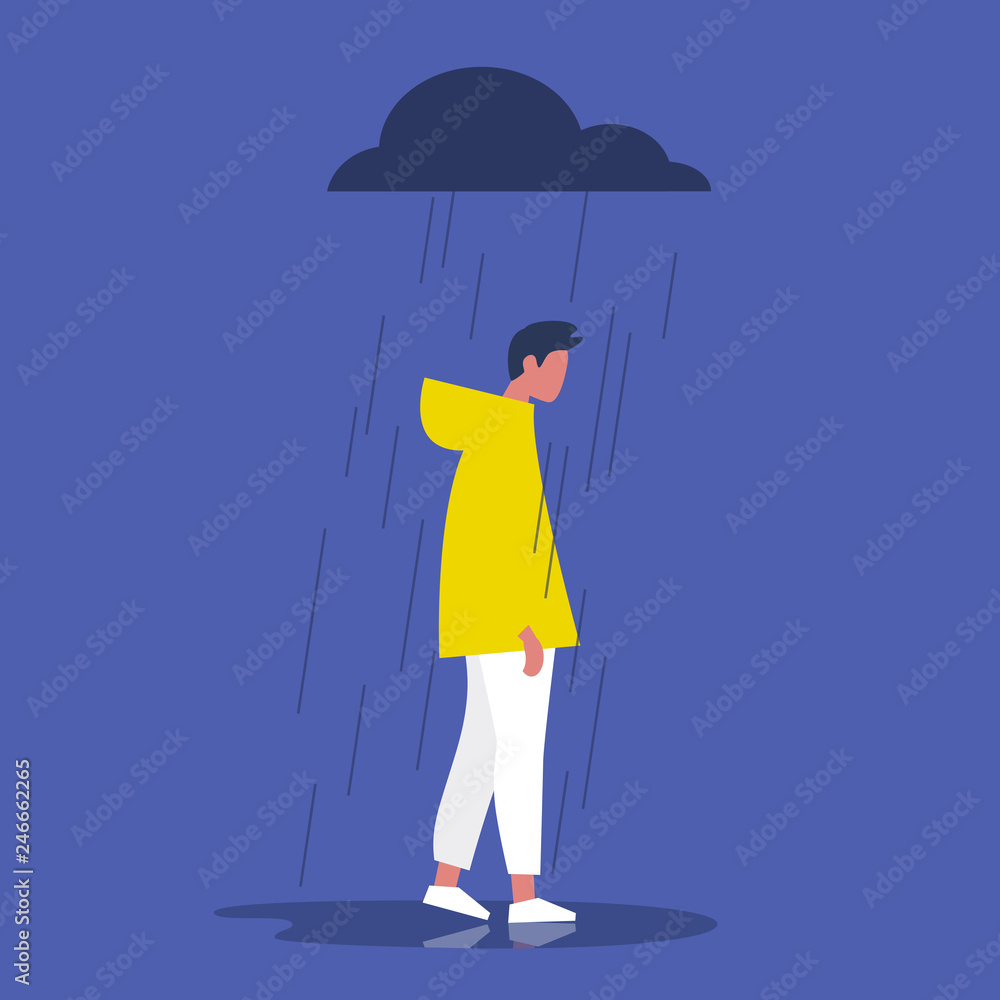 Sad male character standing under the rain. Overcast weather. Emotions ...