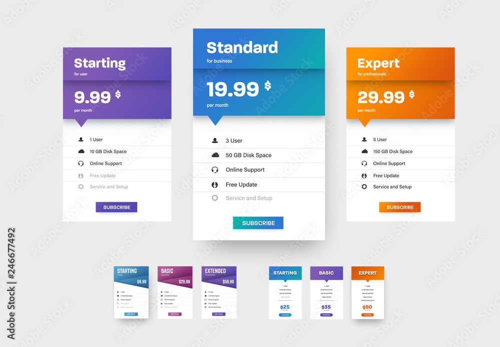 Three Price Table Layouts with Colorful Accents Stock Template | Adobe ...