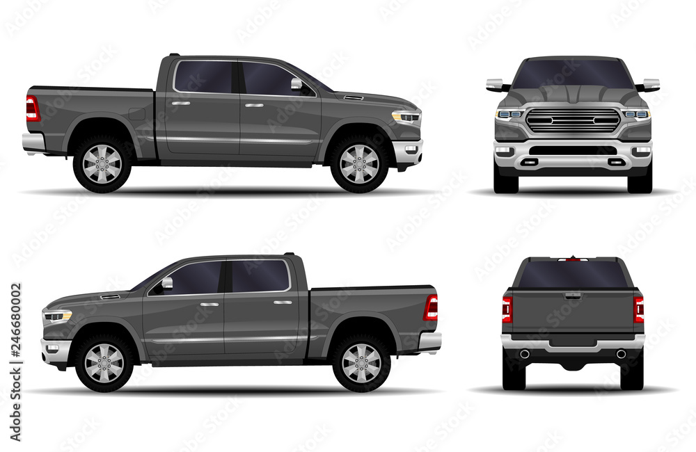 realistic car. truck, pickup. front view; side view; back view. Stock ...