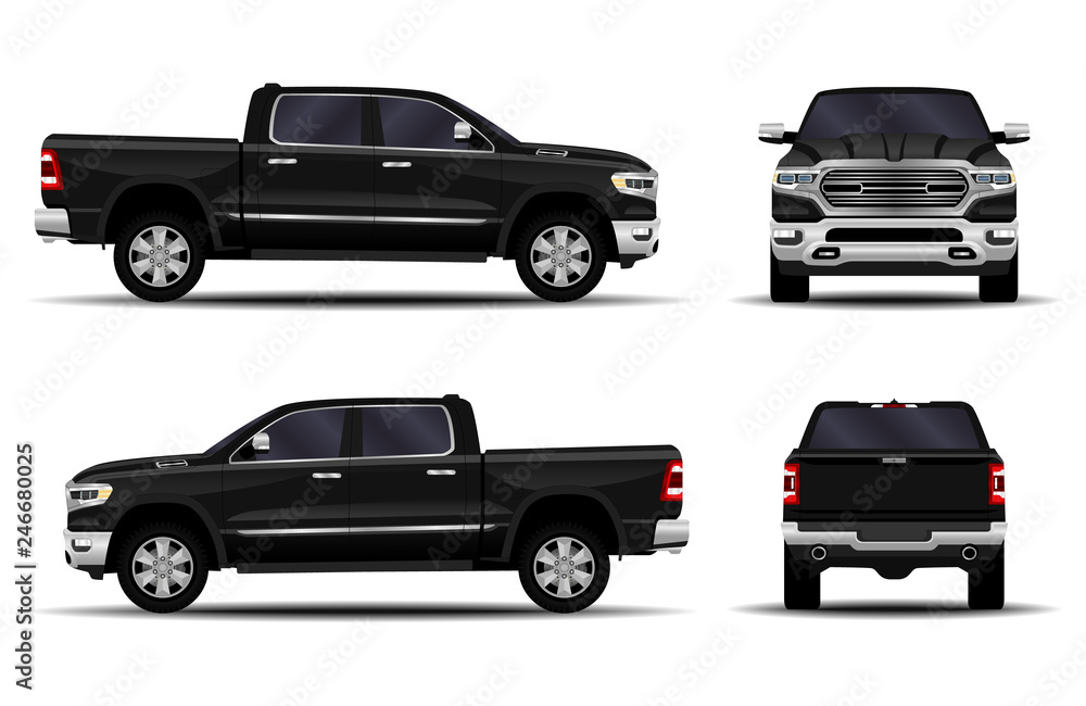 realistic car. truck, pickup. front view; side view; back view. Stock ...