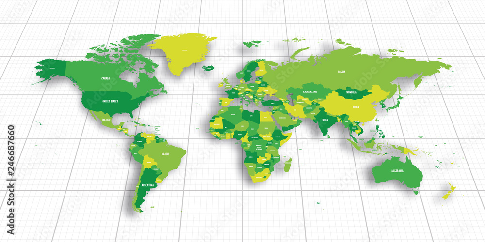 Green geopolitical map of World. Bottom perspective view with ...