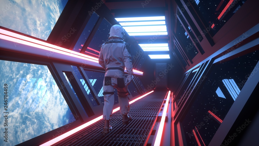 Astronaut going through the tunnel to another compartment of the space ...