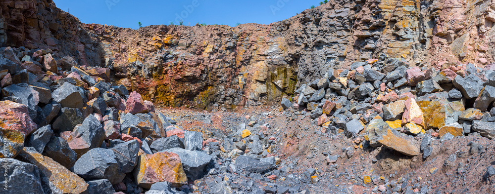 Spectacular panoramic view of quarry open pit mining of granite stone ...