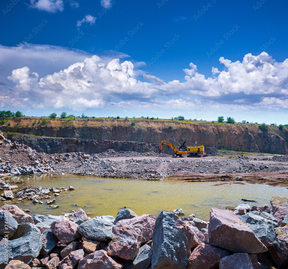 Spectacular panoramic view of quarry open pit mining of granite stone ...
