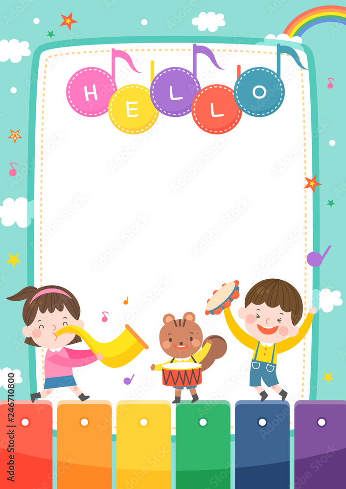 llustration of cartoon kindergarten. Cute frame with kids, child and ...
