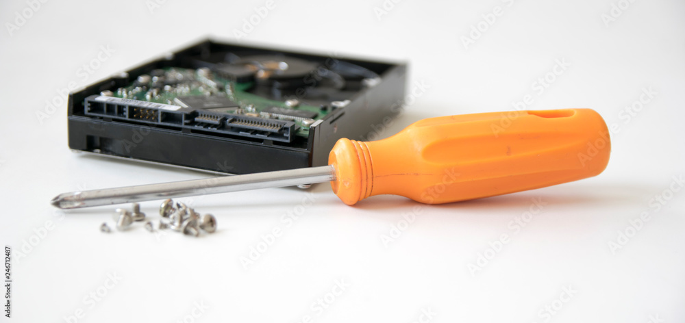 Image - Hand screwdrivers and screws and hard disk - white background ...
