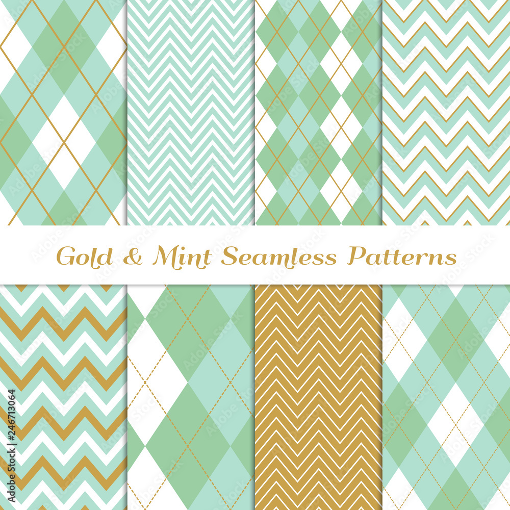 Pastel Green, Mint and Gold Argyle and Chevron Seamless Vector Patterns ...
