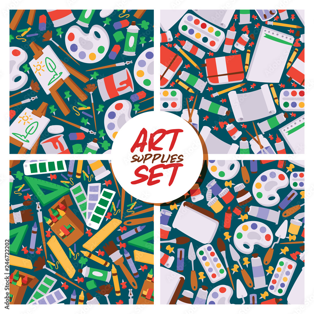 Artist tools vector seamless pattern watercolor with paintbrushes ...