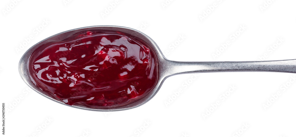 Spoon of red jam isolated on white background, top view Stock Photo ...