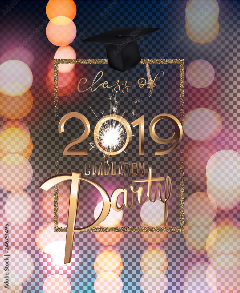 Graduation party 2019 invitation card with bokeh background and golden ...