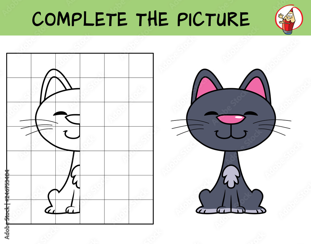 Complete the picture of a funny cat. Copy the picture. Coloring book ...
