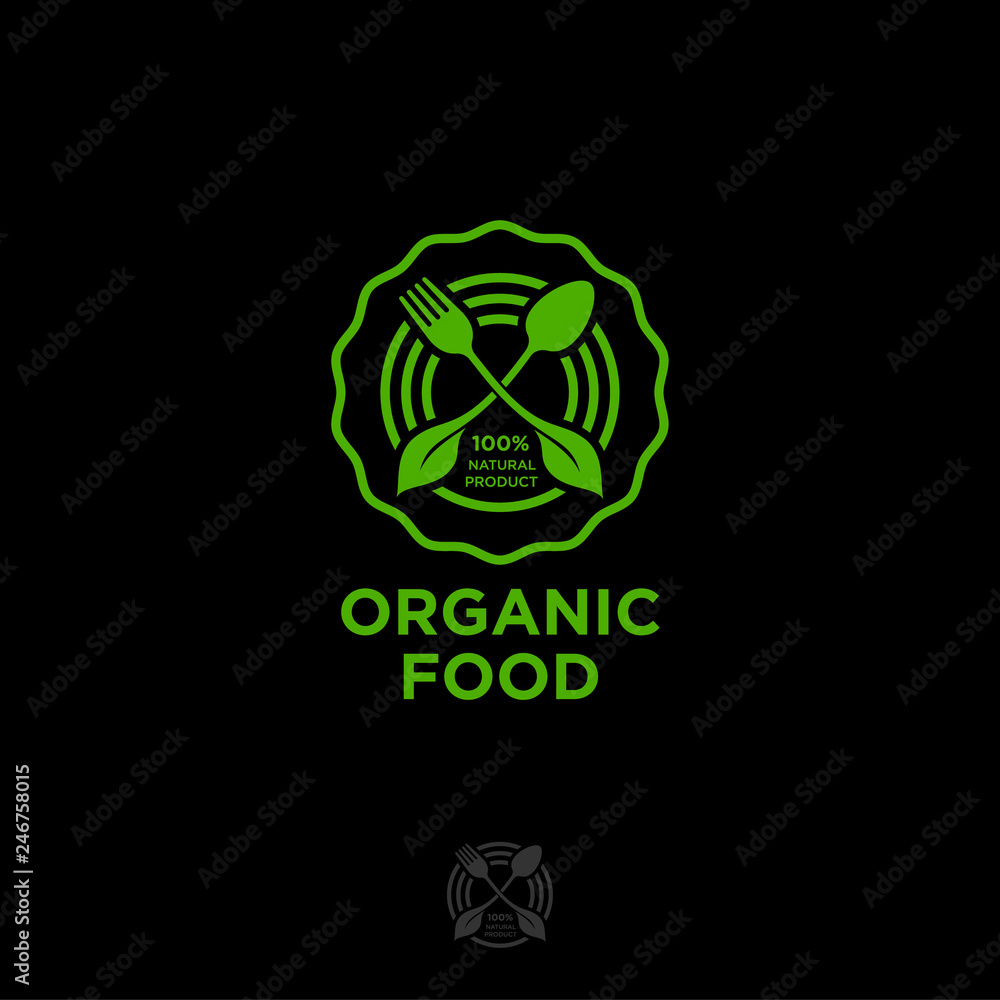 Organic food logo. Green food emblem. Green leaves, fork and spoon in a ...