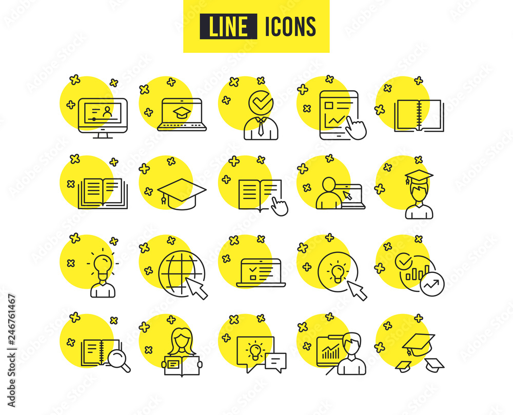 Education line icons. Set of Laptop, Book and Video Tutorial signs ...