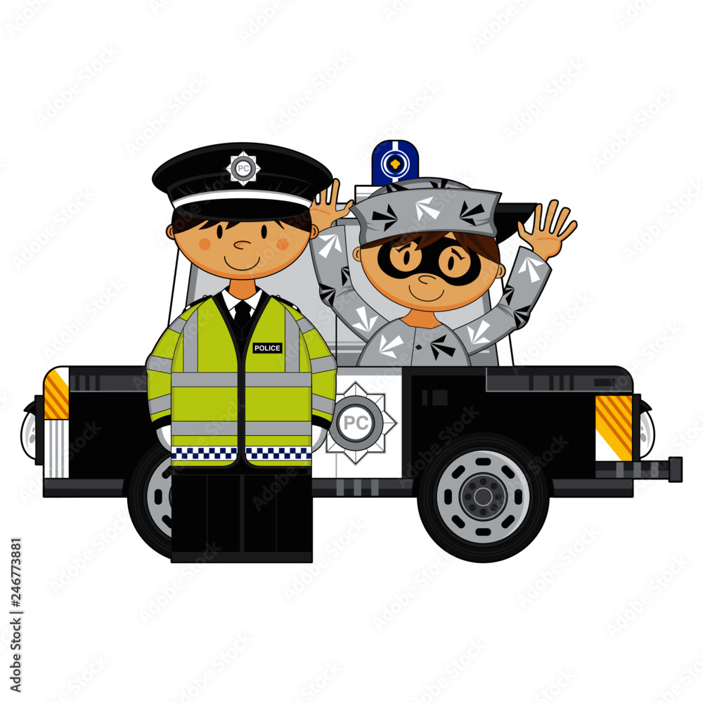 Cute Cartoon Policeman and Police Car with Classic Style Robber Stock ...