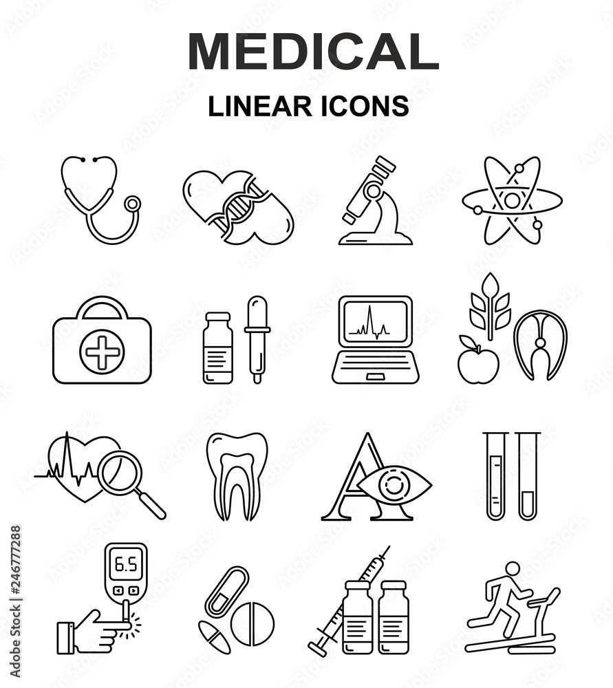 Vector medicine and health modern linear icons. Medical line style ...