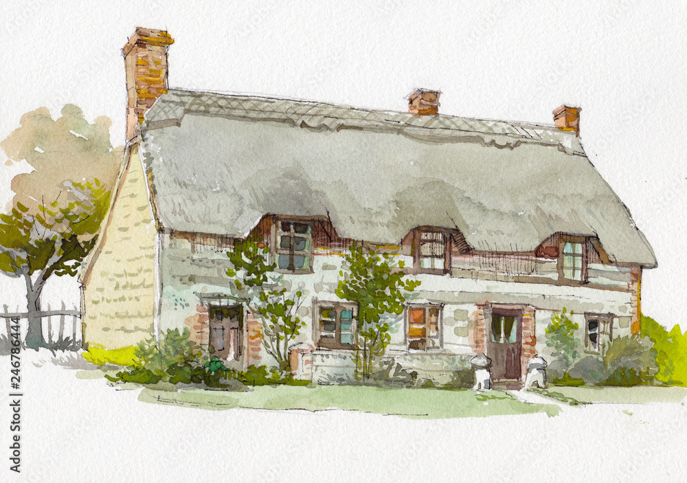 English cottage watercolor hand drawn painting Stock Illustration ...