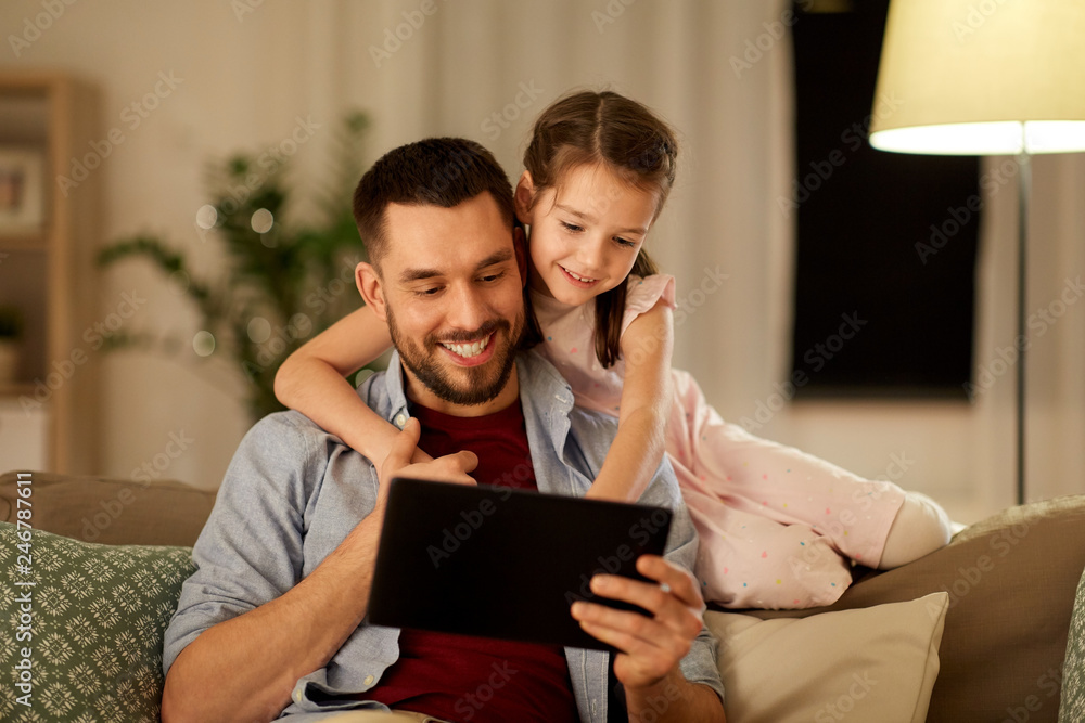 family, fatherhood and technology concept - happy father and little ...